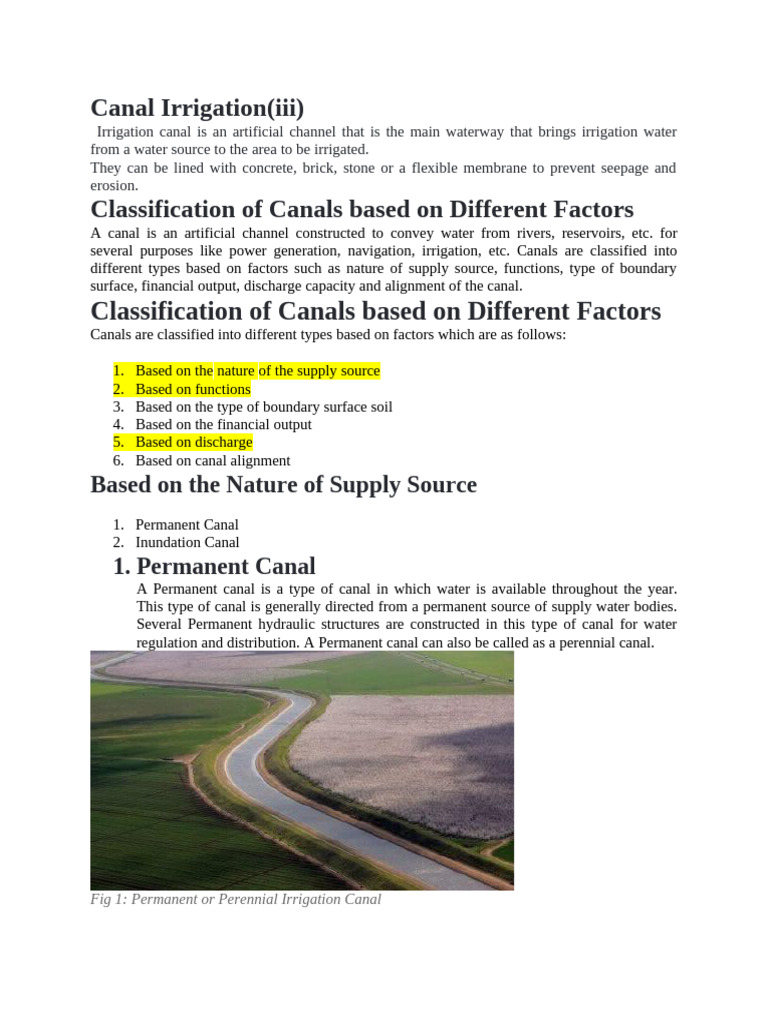Classification of Canals Based On Different Factors: Canal Irrigation ...