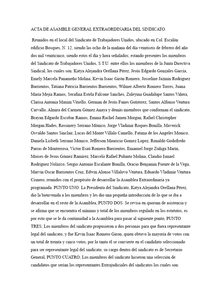 Acta de Asamble General Extraordinaria Del Sindicato | PDF