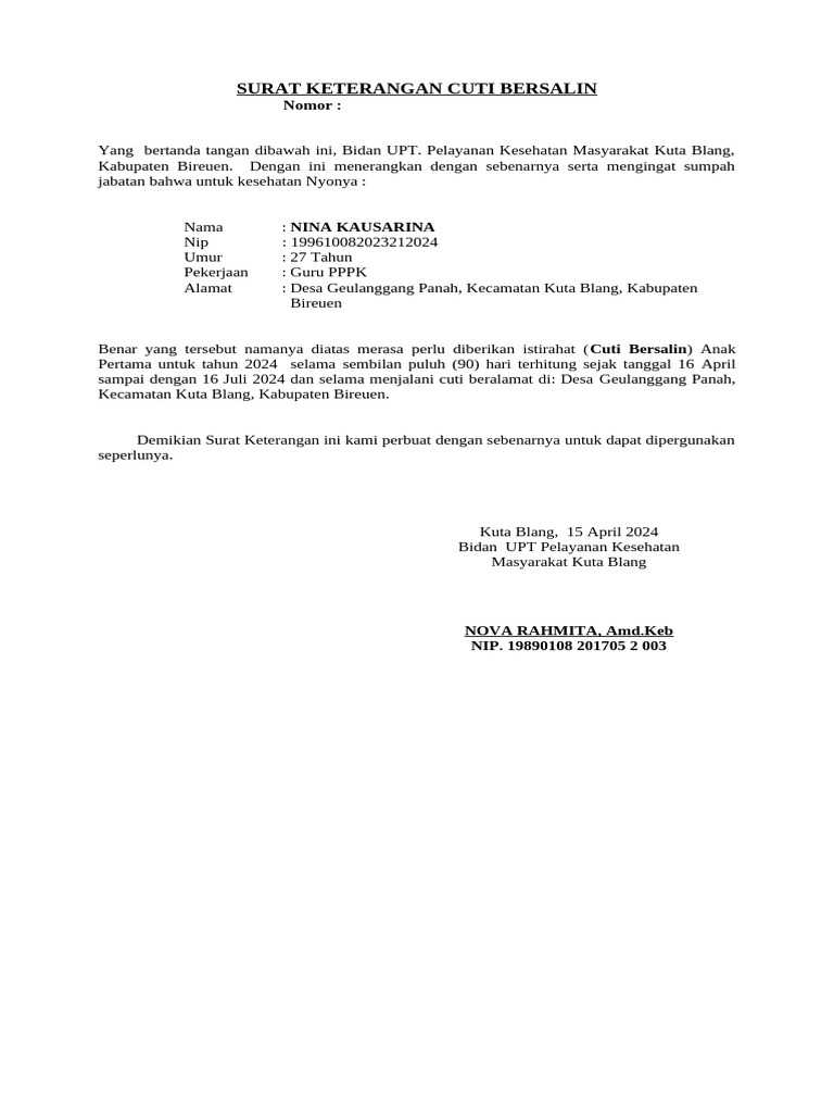 Surat Cuti Bersalin Dari Bidan | PDF