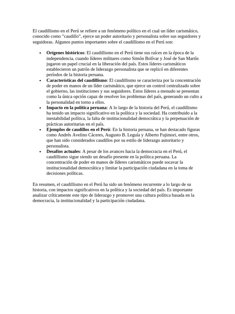 El Caudillismo en El Perú Se Refiere A Un Fenómeno Político en El Cual ...