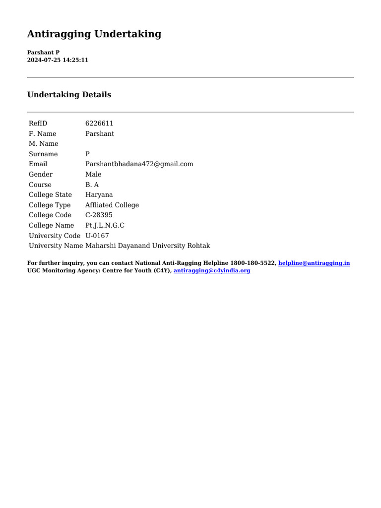 Anti Ragging Affidavit Form | PDF