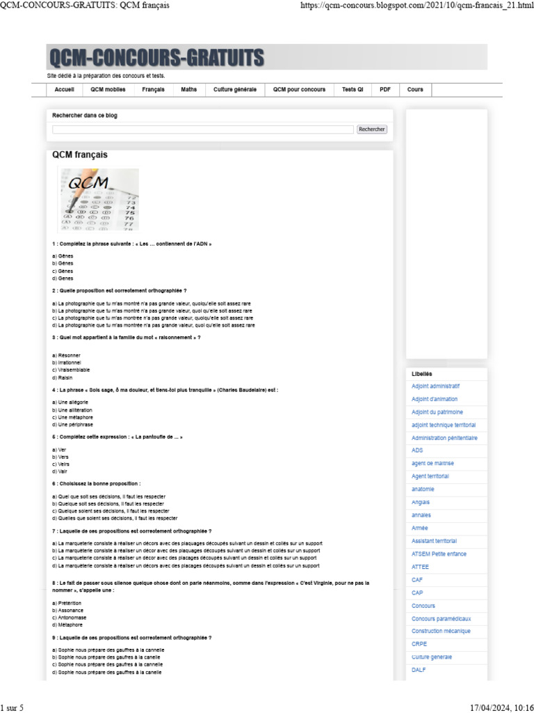 QCM-CONCOURS-GRATUITS QCM Français3 | PDF
