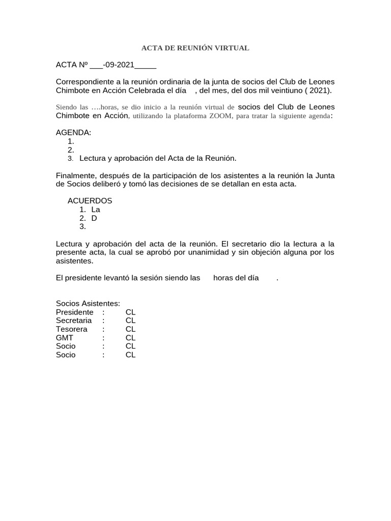 Acta-De-Reunion Virtual - De-Socios | PDF
