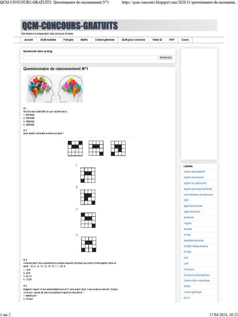 QCM-CONCOURS-GRATUITS Questionnaire de Raisonnement N°115 | PDF
