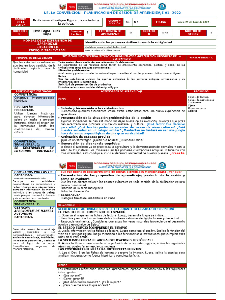 SESIÓN DE APRENDIZAJE 01-CC.SS 1° - 2022- ELVIS | PDF