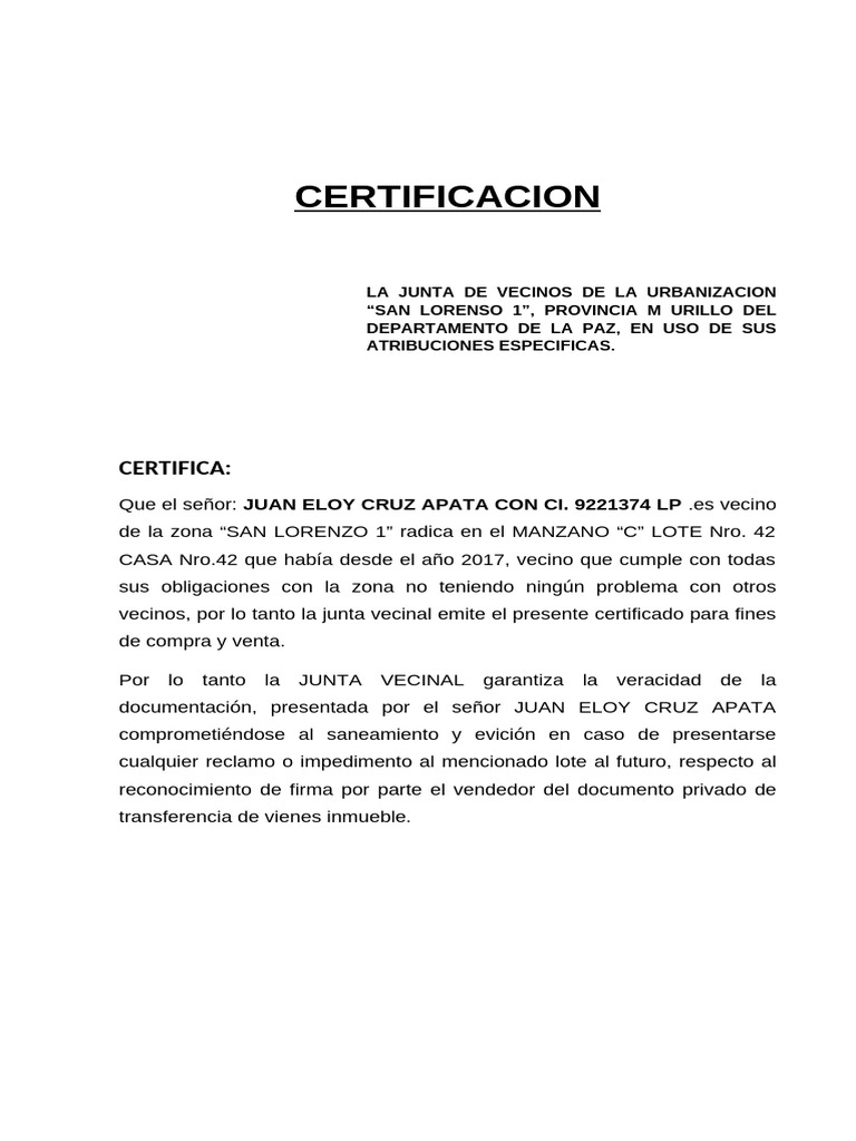 Certificación Vecinal de Propiedad | PDF