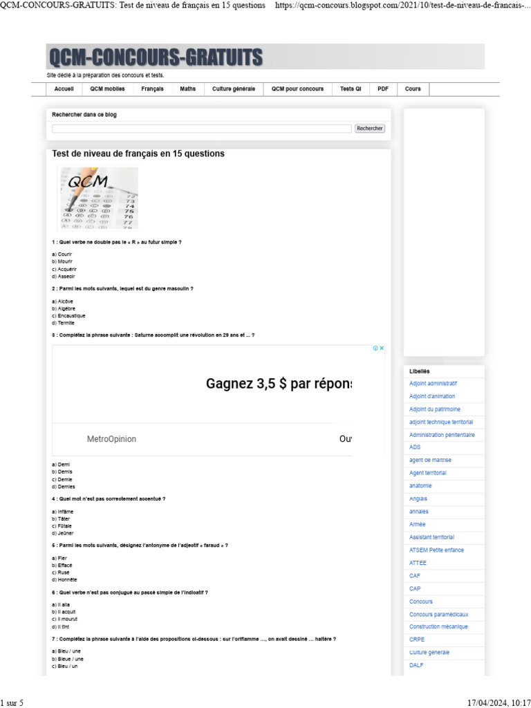 QCM-CONCOURS-GRATUITS Test de Niveau de Français en 15 Questions6 | PDF