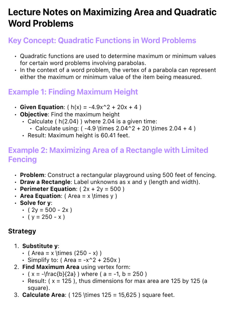 Maximizing Area and Quadratic Applications Notes | PDF