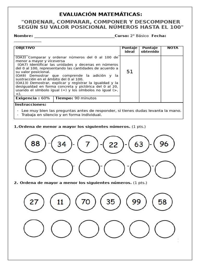 2° Prueba - Odenar, Comparar, Componer y Descomponer Según Valor ...