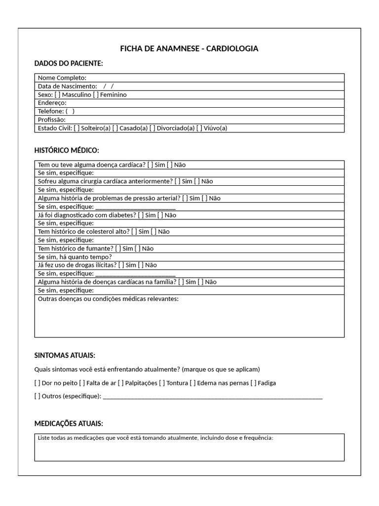 Ficha de Anamnese Cardiologia | PDF