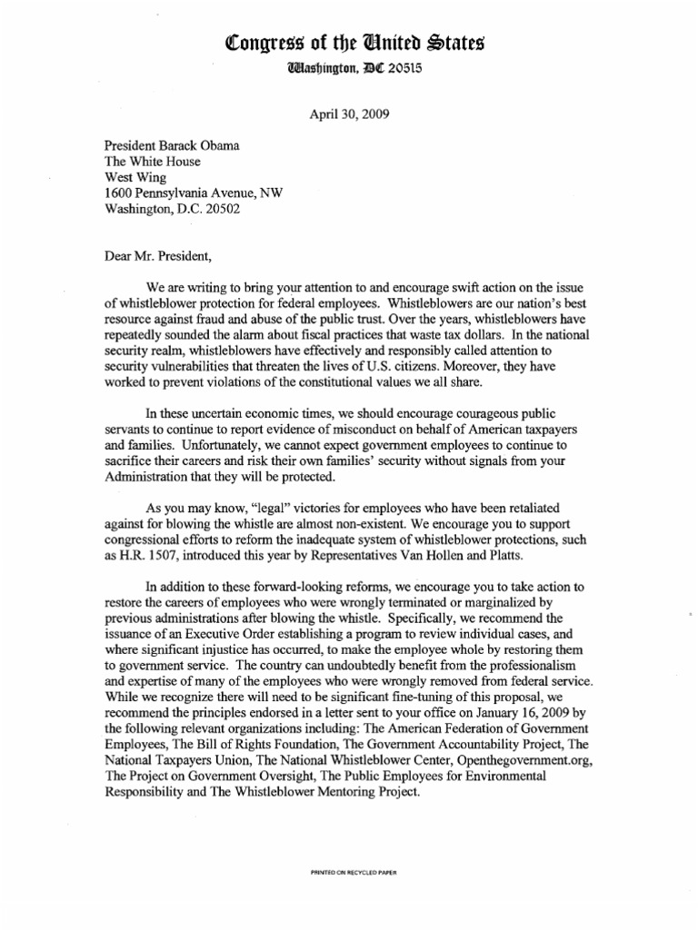 Congressional Letter To White House To Resurrect Past Federal ...