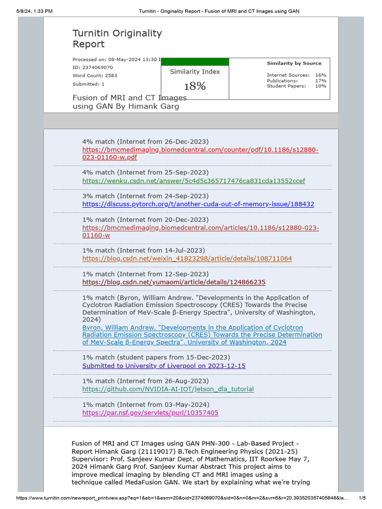 Turnitin - Originality Report - Fusion of MRI and CT Images Using GAN | PDF