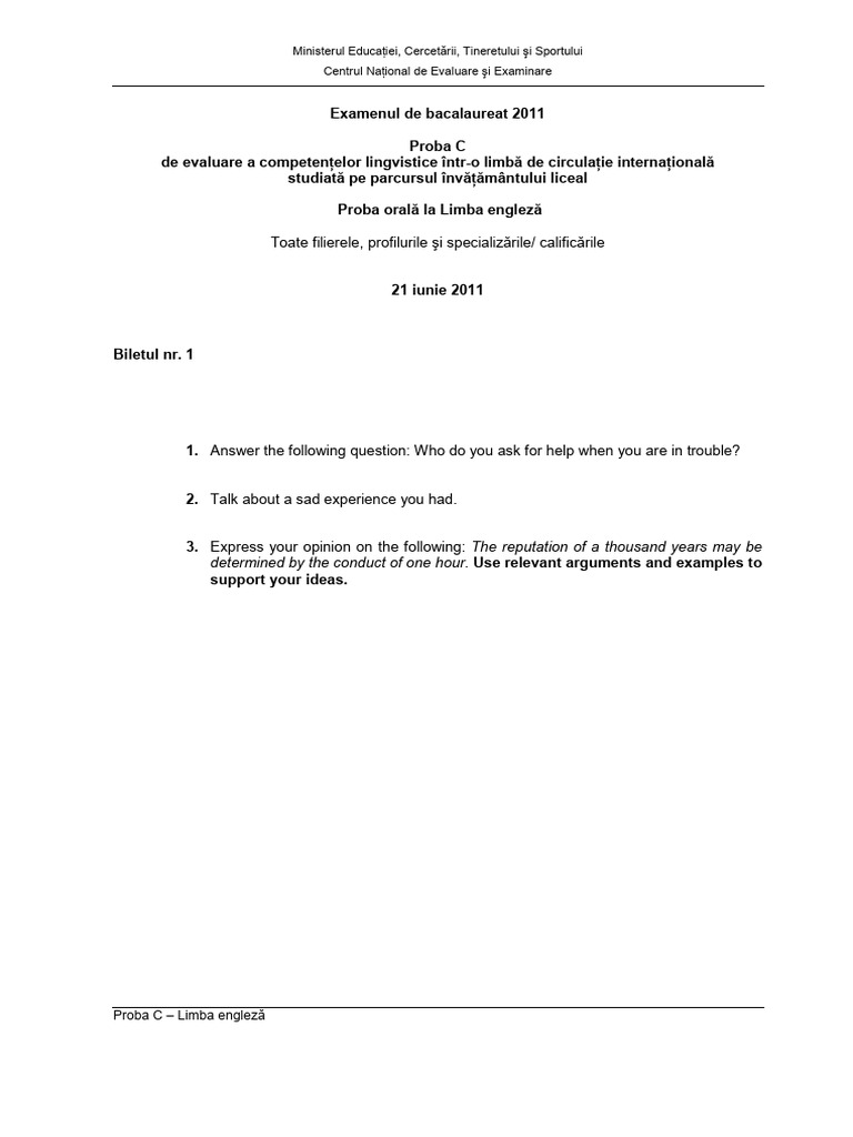 Proba C Engleza Oral Bilete 21 Iunie 2011 | PDF