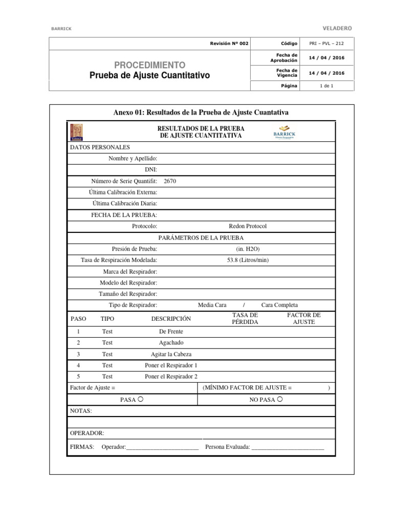 PRI-PVL-212 Anexo 01 Registro Prueba Ajuste | PDF