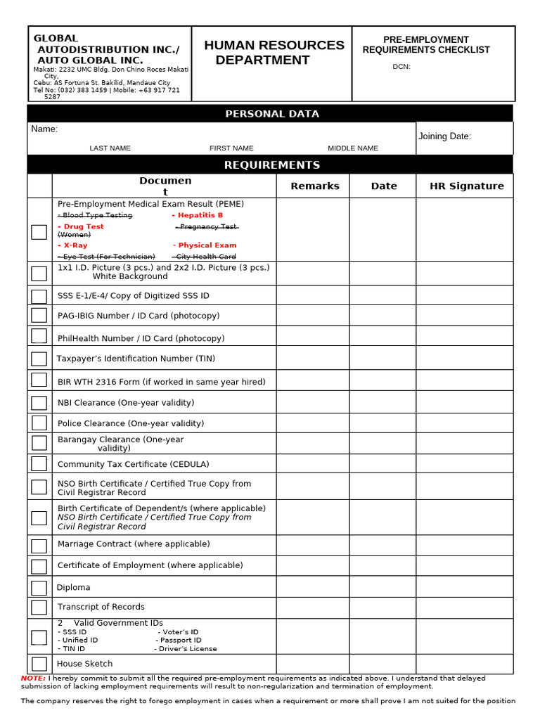 Pre-Employment Requirements Checklist | PDF