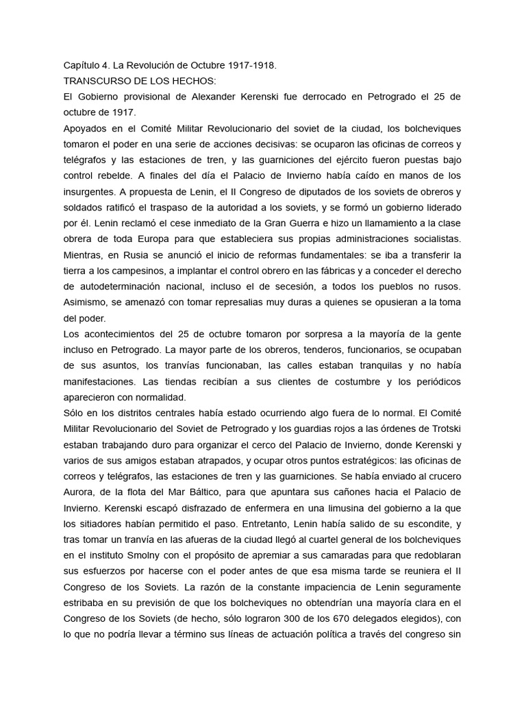 Resumen Capítulo 4. La Revolución de Octubre 1917-1918. Robert Service | PDF
