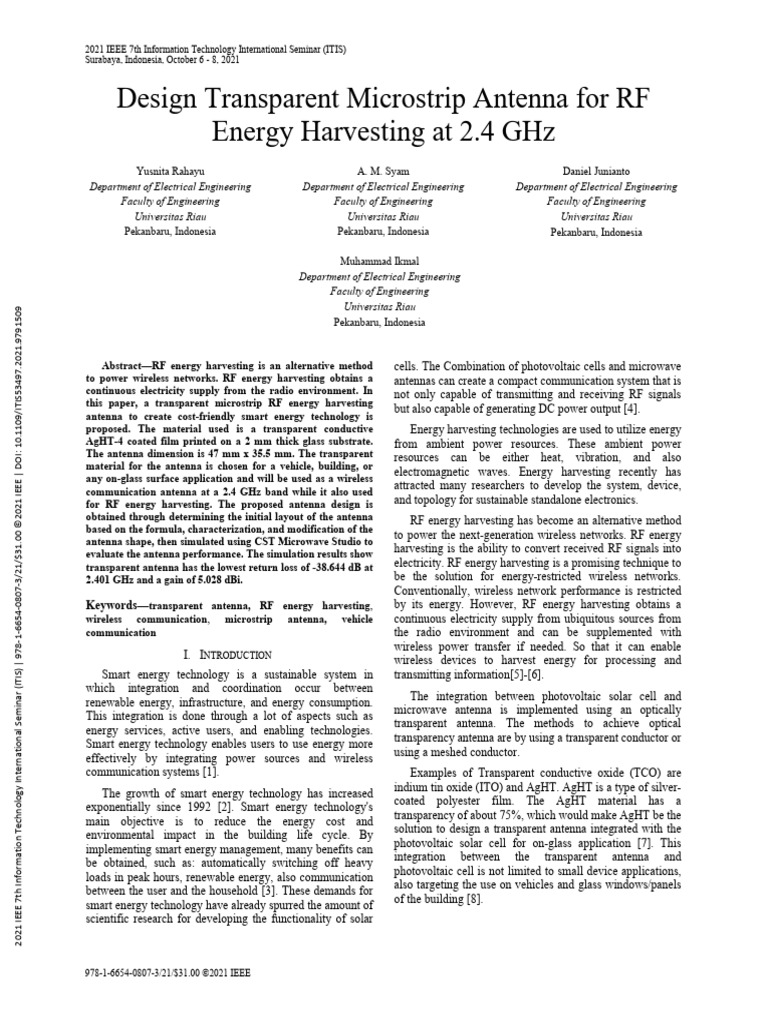 Design Transparent Microstrip Antenna For RF Energy Harvesting at 2.4 ...