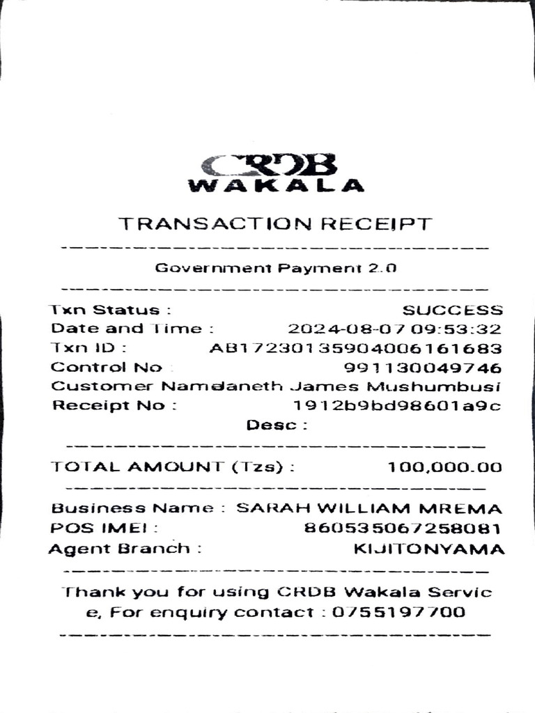 CRDB Receipt | PDF