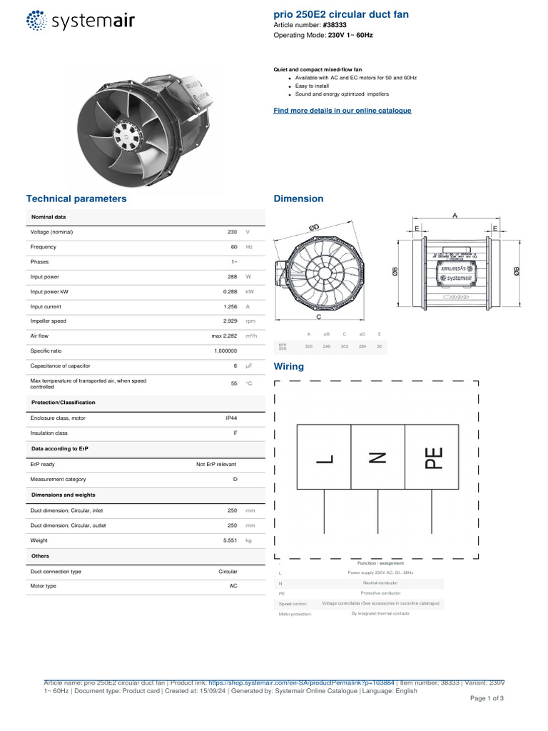2.systemair Prio 250E2 Circular Duct Fan | PDF