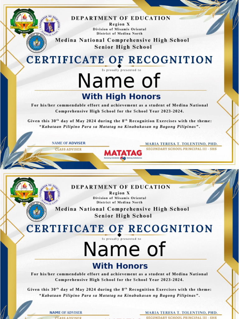 8th Recognition Reading of Honors CERTIFICATE EDITABLE | PDF