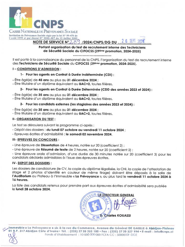 Note de Service N°209-Portant Organisation Du Test de Recrutement ...