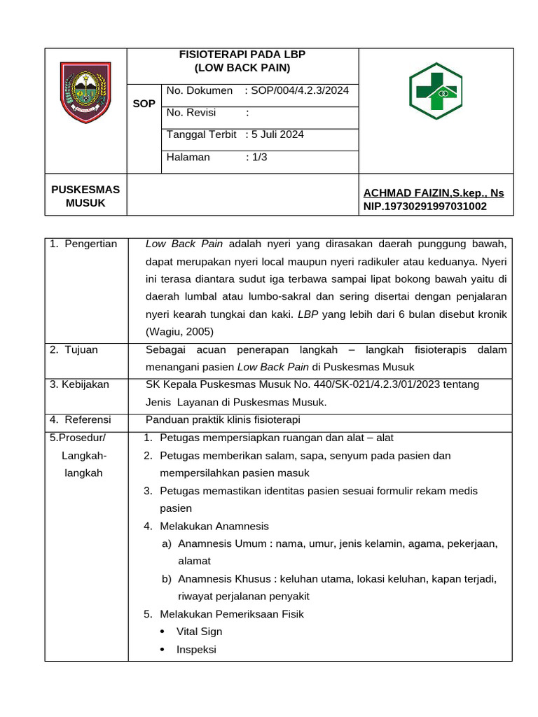 Sop Fisio LBP | PDF