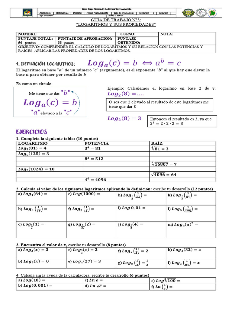 guía ejercicios logaritmos y propiedades | PDF