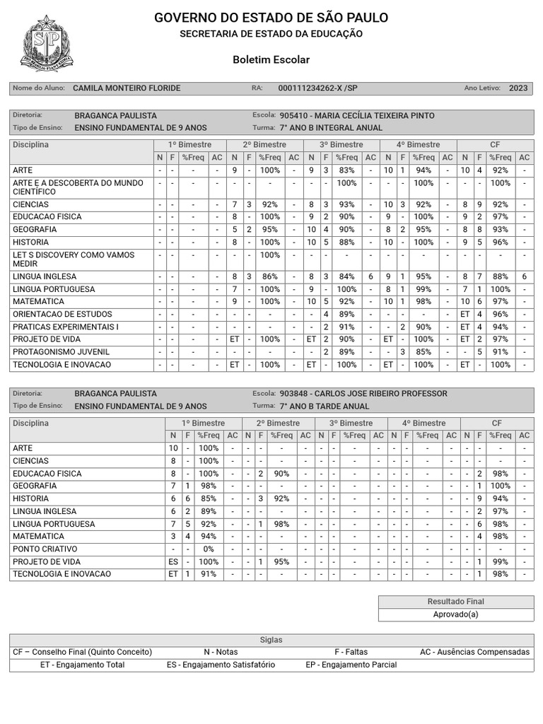 Boletim Escolar Do Aluno Final de Ano | PDF