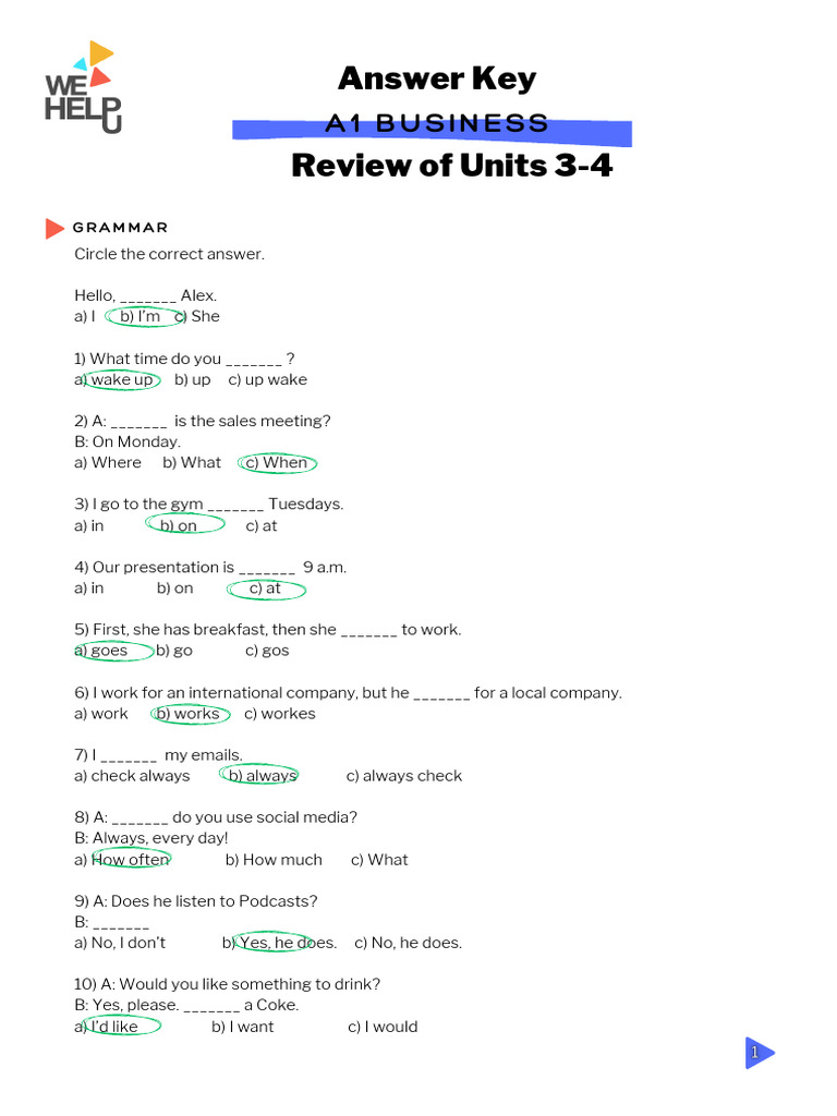 Review of Units 3-4 - A1 Business - Answer Key | PDF