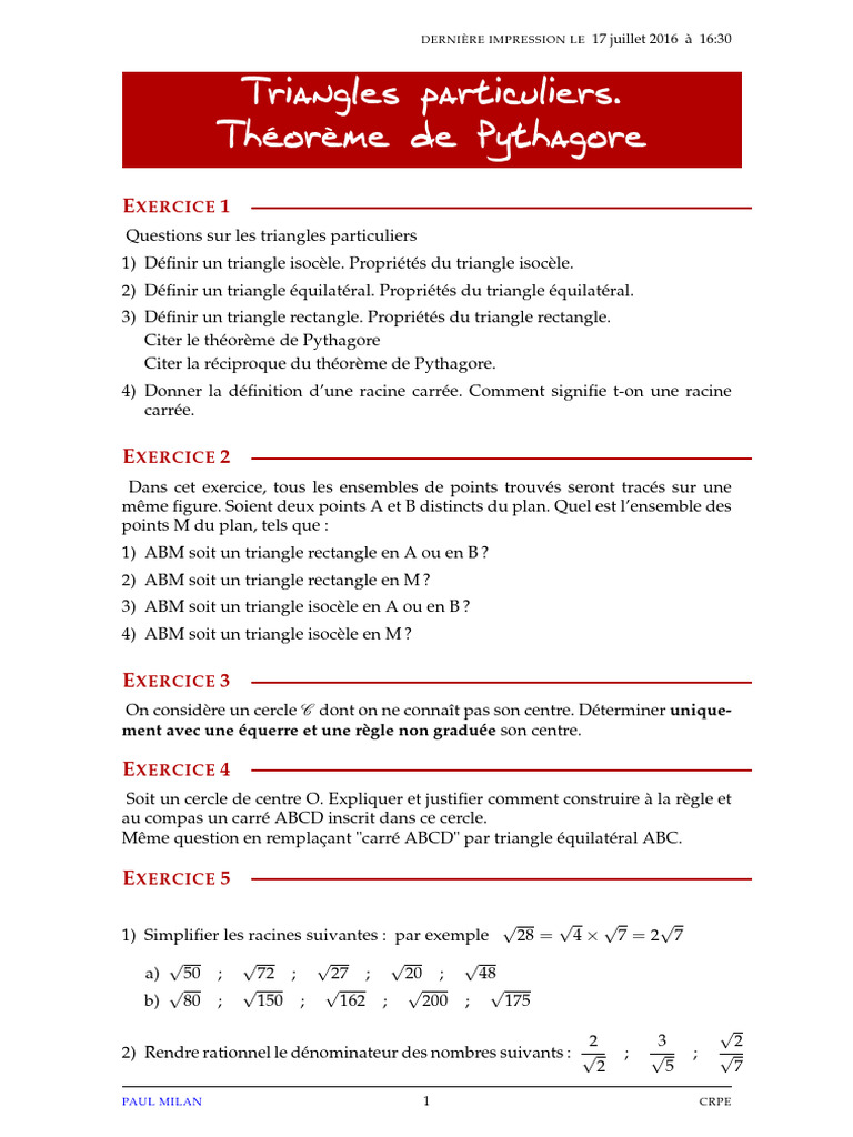 03 Crpe Triangles Pythagore Exos | PDF