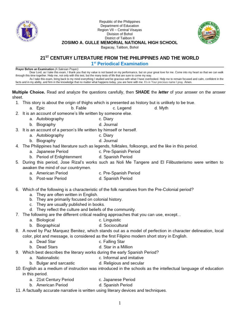 1ST Periodical Exam in 21st Century Lit | PDF