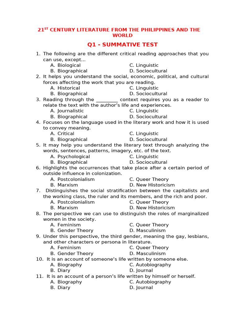 SUMMATIVE TEST 3 for Contextual Reading Approaches | PDF SUMMATIVE TEST 3 for Contextual Reading Approaches | PDF