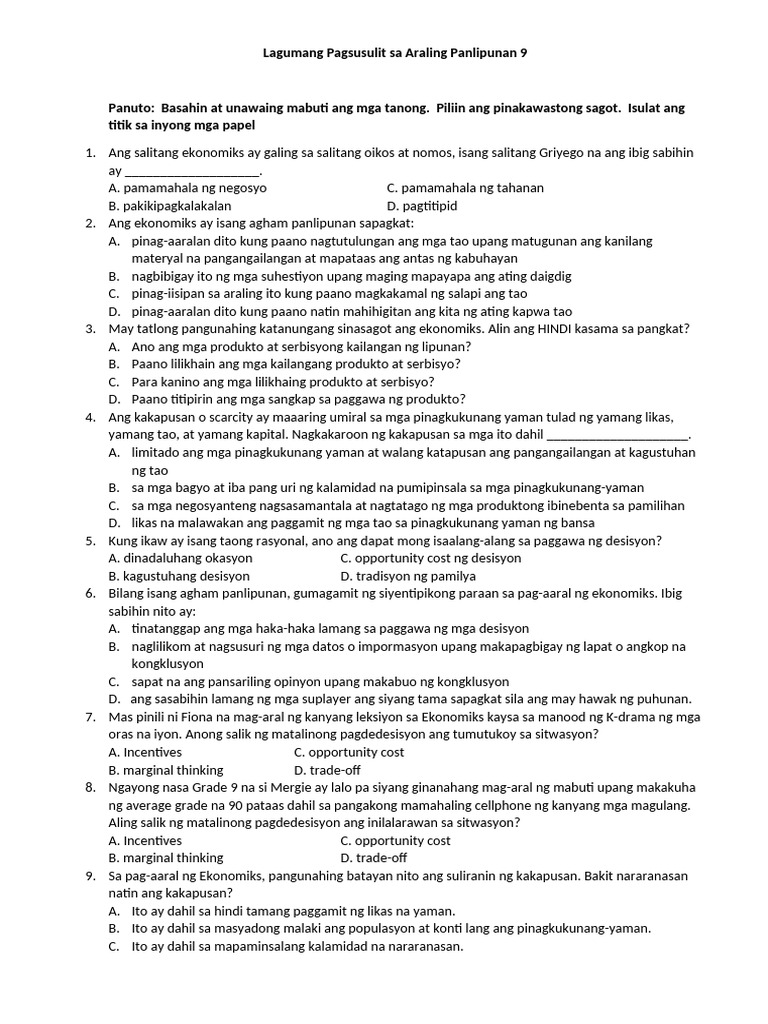 Lagumang Pagsusulit Sa AP 9 | PDF
