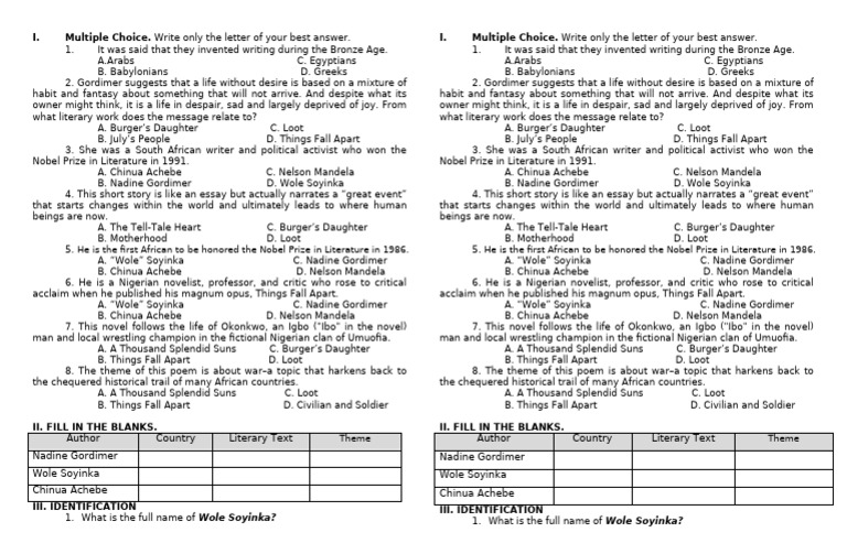 african lit quiz | PDF