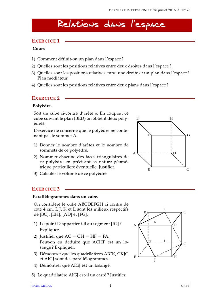 16 Crpe Relations Dans L Espace Exos | PDF