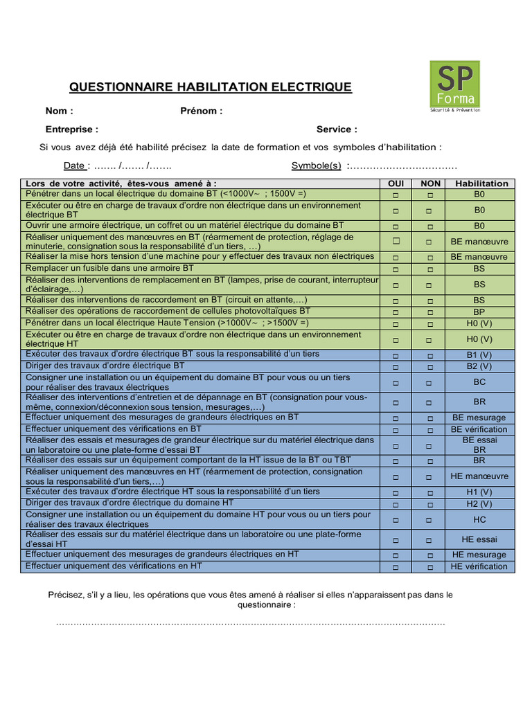 Questionnaire Habilitation Electrique Sp Forma | PDF