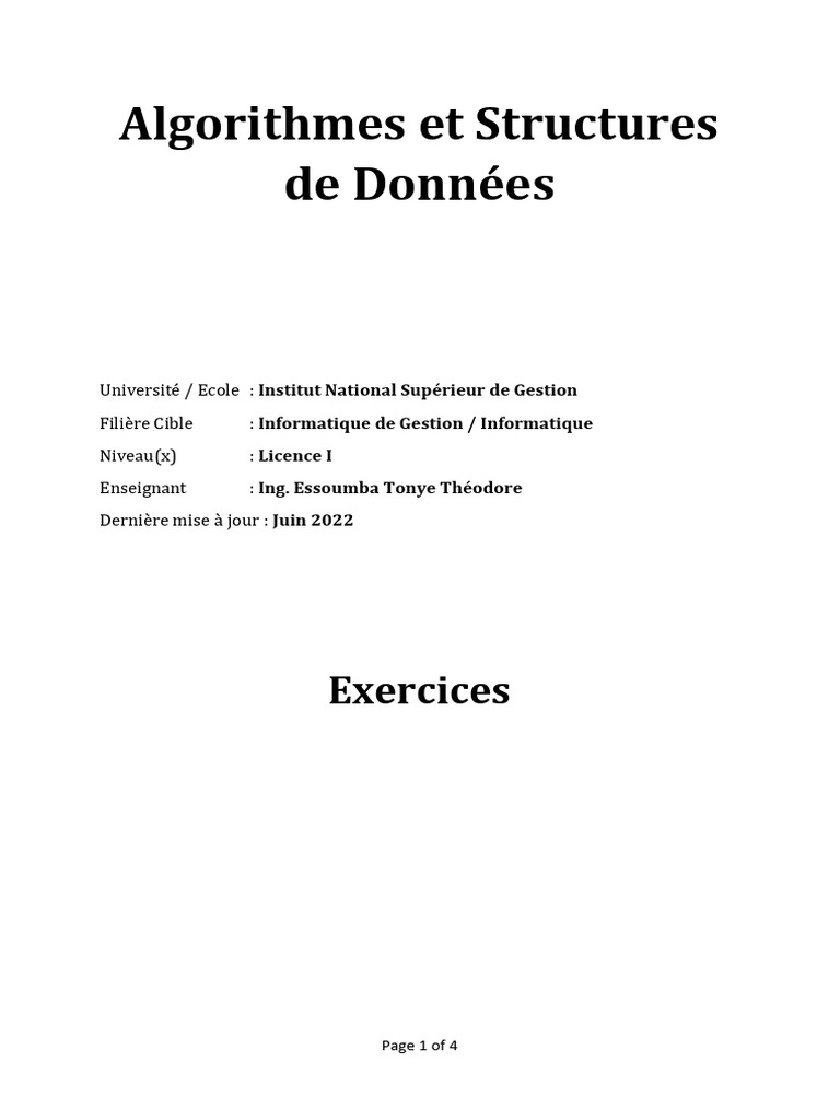 Algorithmes et Structures de Données - Exercices - Non terminé - v2 | PDF