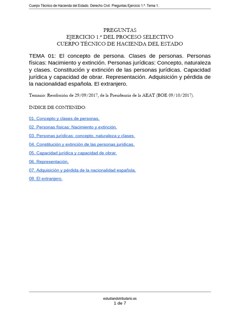Preguntas ejercicio 1.º Tec Hacienda_ TEMA 01 Dcho. Civil | PDF