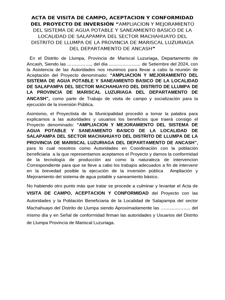 Acta de Aceptacion de Proyecto Llumpa | PDF