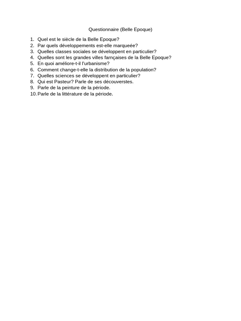Belle Epoque, Questionnaire | PDF