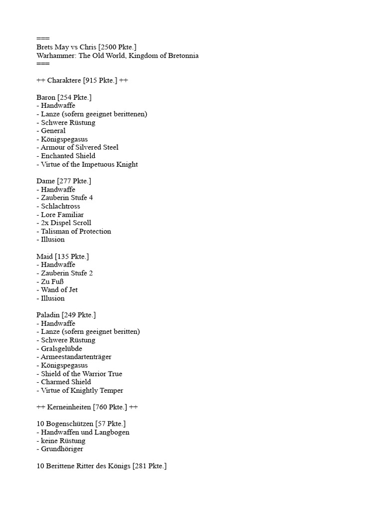 Warhammer Armylist 2k Bretonnia-Oldworld | PDF