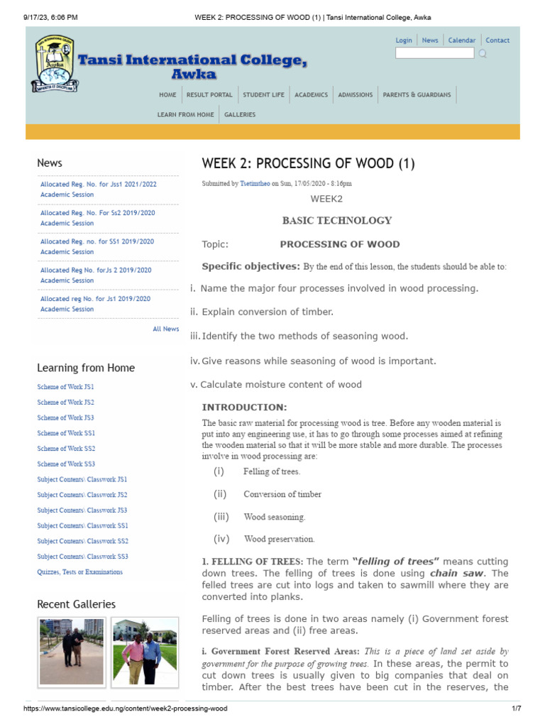 WEEK 2 - PROCESSING OF WOOD (1) - Tansi International College, Awka | PDF