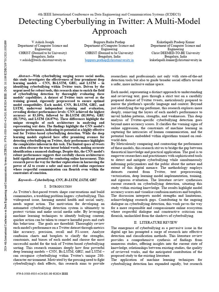 Detecting Cyberbullying in Twitter A Multi-Model Approach | PDF Detecting Cyberbullying in Twitter A Multi-Model Approach | PDF