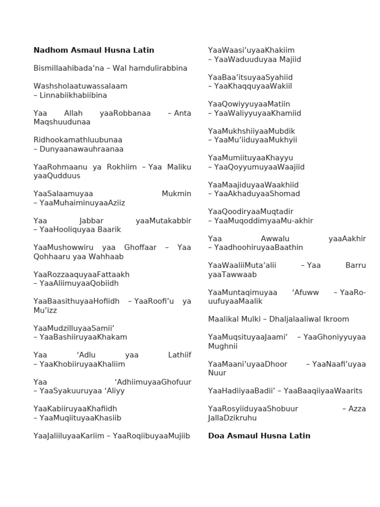 Nadhom Asmaul Husna Latin | PDF | Religion & Spirituality