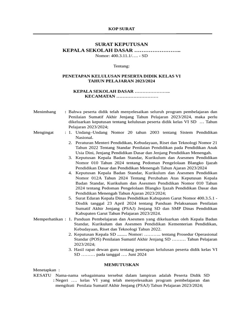 Contoh SK Penetapan Kelulusan 2024 | PDF