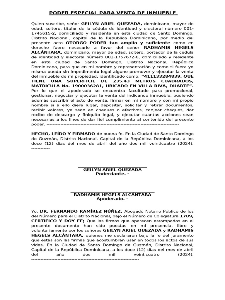 PODER PARA VENTA DE INMUEBLE-GEILYN ARIEL QUEZADA y RADHAMIS HEGELS ALCÁNTARA-RAUL BRAUDILIO | PDF