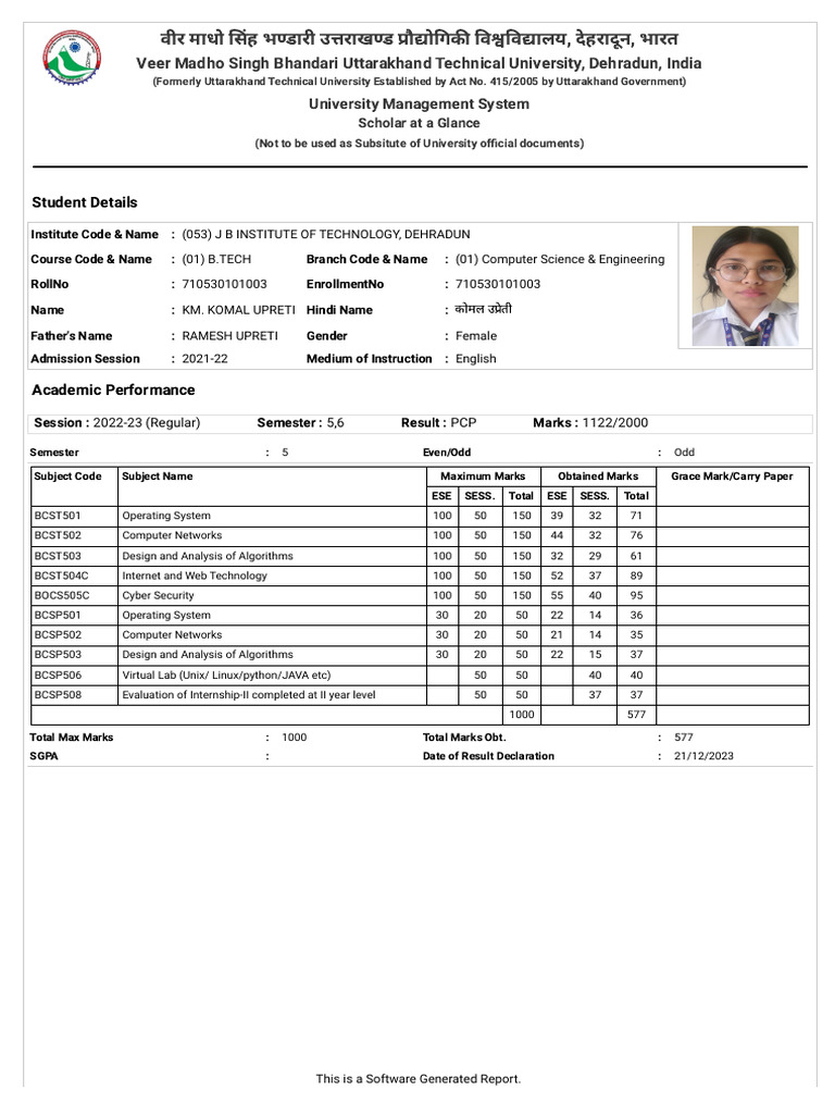 Komal Graduation Result | PDF