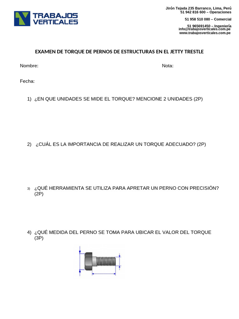 Examen de Torque Pernos Estructuras Jetty Trestle TRABAJOS VERTICALES | PDF