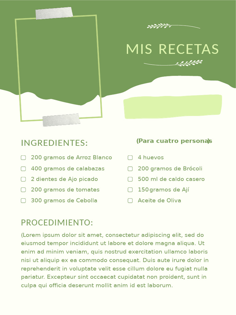 Documento A4 Receta Cocina Coon Foto y Cursiva Verde | PDF
