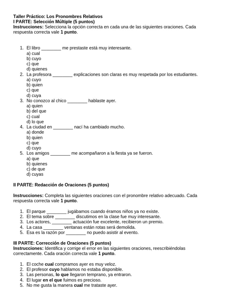 Taller Practico - Pronombres Relativos | PDF